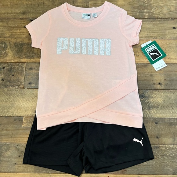 Puma | Matching Sets | Little Girls Puma Set Black Shorts And Peach ...
